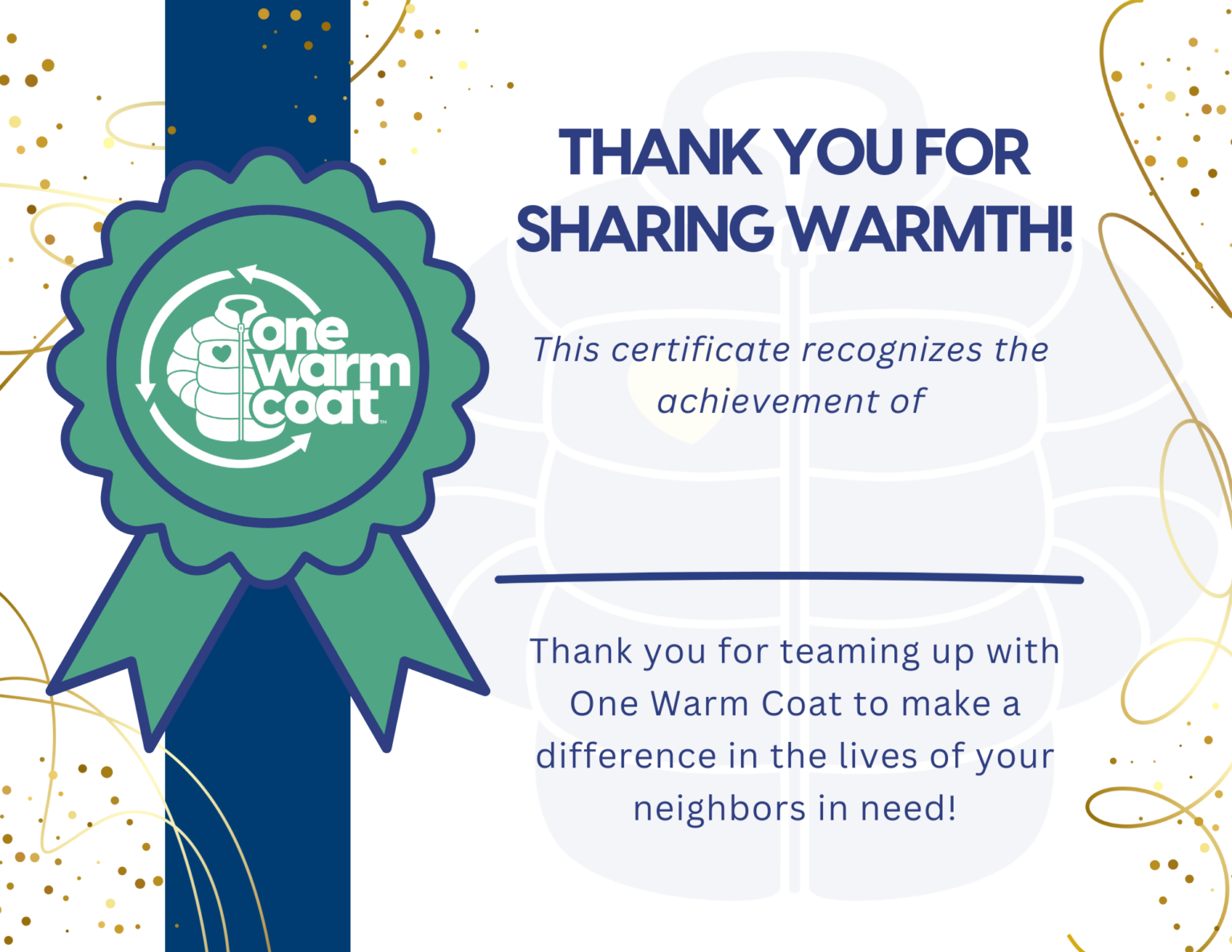 Certificate of Appreciation - One Warm Coat